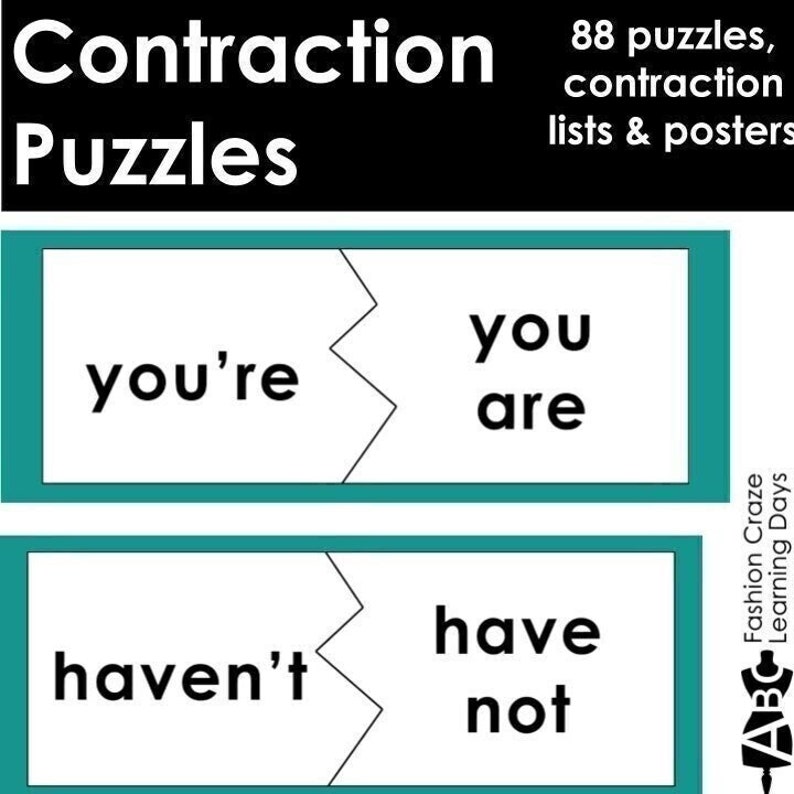 Contraction Puzzles - Grammar Activities - Etsy