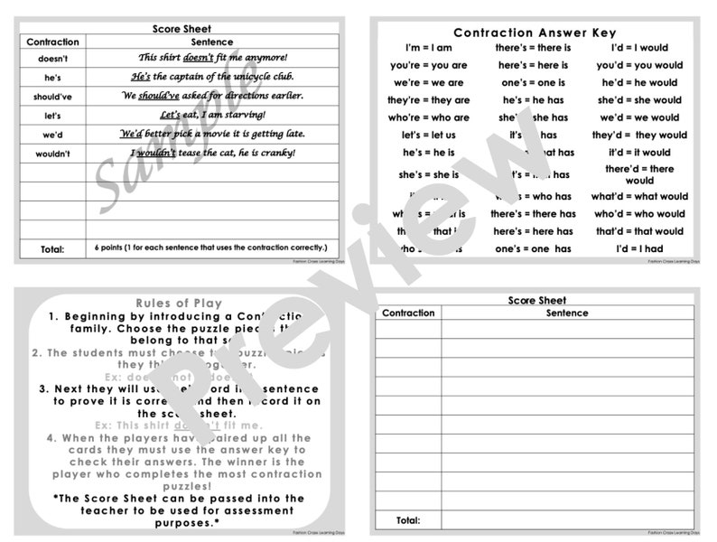 Contraction Puzzles - Grammar Activities - Etsy