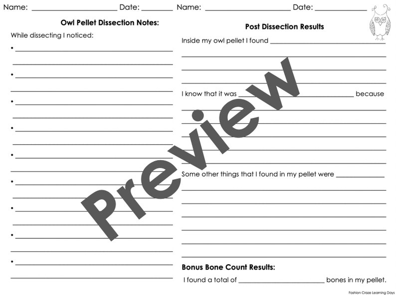 Owl Pellet Dissection - Pre, During and Post Notes and Graphic ...