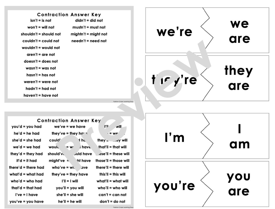 Contraction Puzzles - Grammar Activities - Etsy
