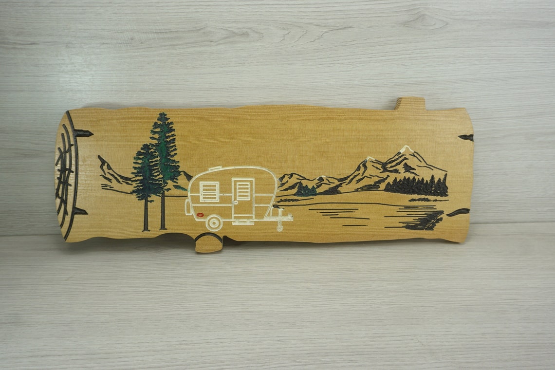 Camping Sign With Nature Background and Vintage Camper Motive SVG File ...
