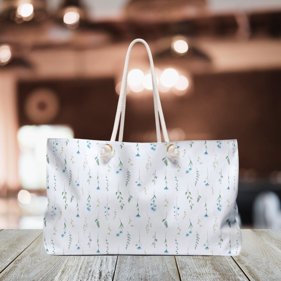 Blue Floral Cottage Weekender Bag Long Rope Handles Overnight Bag ...