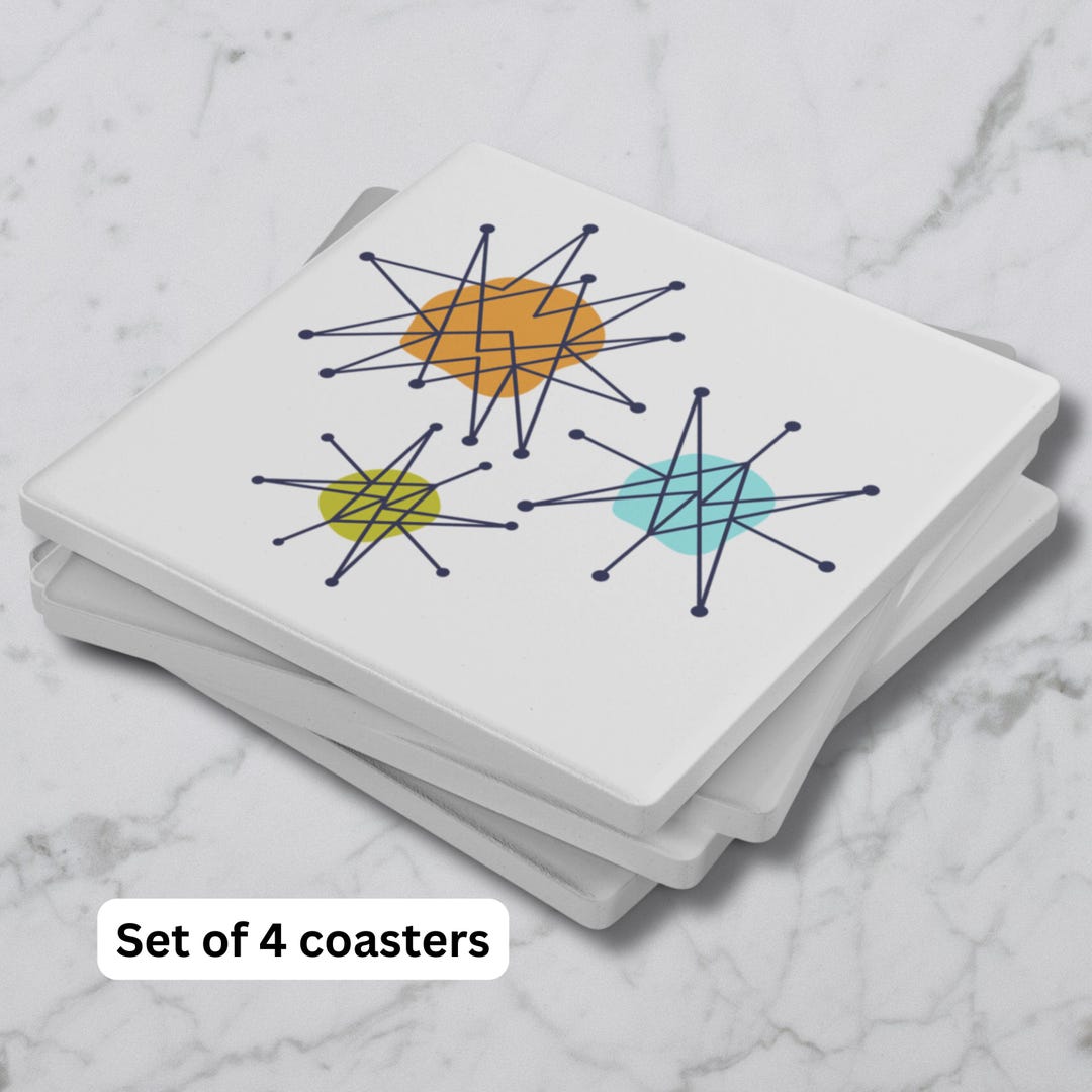 Mid Century Modern Set of 4 Glass Coasters Atomic Starburst Square ...