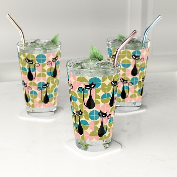 Atomic Cat Drinking Glasses Mid Century Modern Pint Glass MCM Cat Decor ...