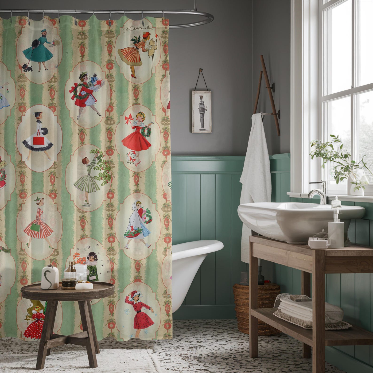 Mid Century Modern Christmas Shower Curtain 1950s Women and Ladies ...