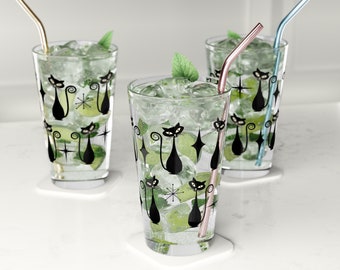 Atomic Cat Drinking Glasses, Mid Century Modern Pint Glass, MCM Cat ...