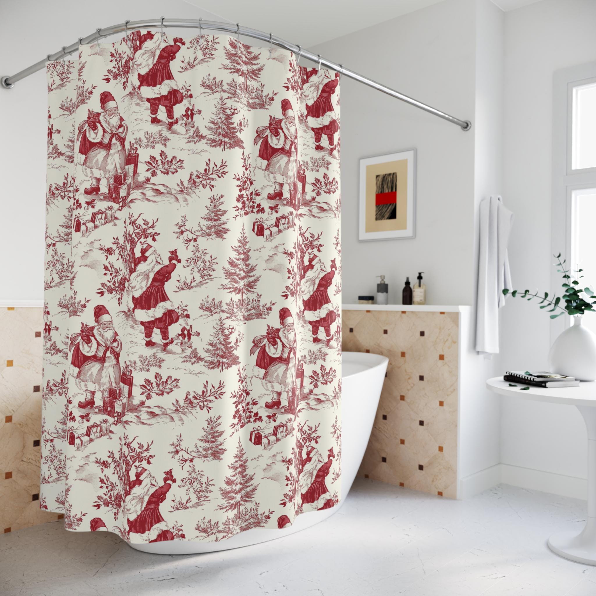 Vintage Santa Shower Curtain Toile Christmas Bathroom Decor Red and ...