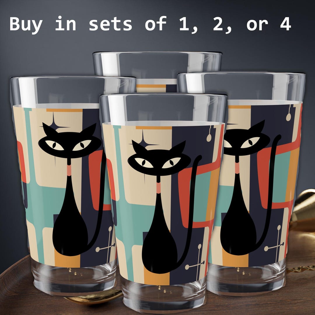 Atomic Kitschy Black Cat Pint Glass, 16oz Mid Century Modern Retro Beer ...