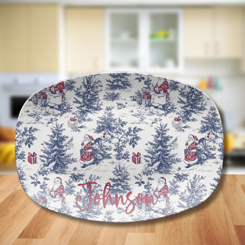 Chinoiserie Botanical Toile Platter Navy Blue White Retro Santa Platter ...