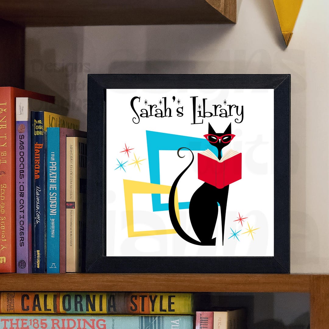 Personalized Library Sign Custom Book Decor Atomic Cat Book Nook Mid ...