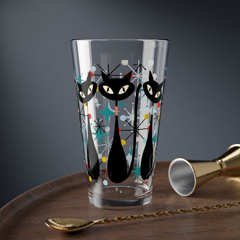 Atomic Kitschy Black Cat Pint Glass, 16oz Mid Century Modern Retro Beer ...