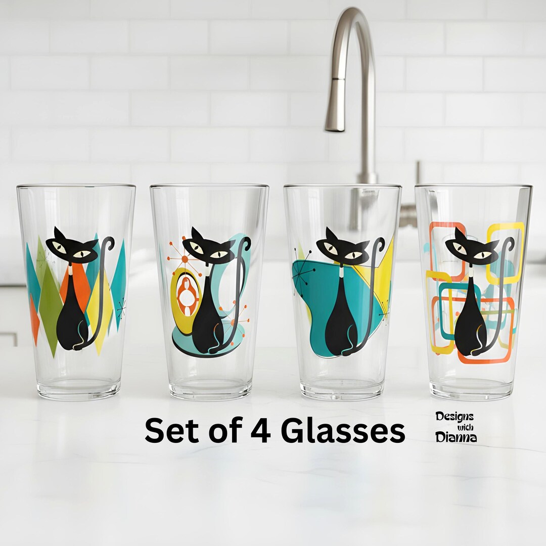 Atomic Cat Glasses Set of Four Dishwasher Safe MCM Barware Gift - Etsy