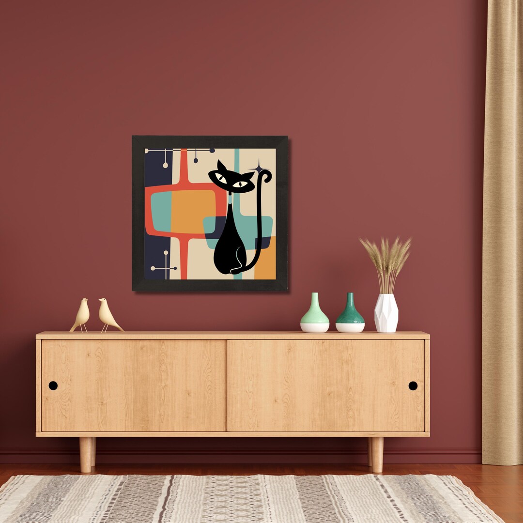 Atomic Cat Artwork, Retro Cat Wall Art Atomic Star Decor, Living Room ...