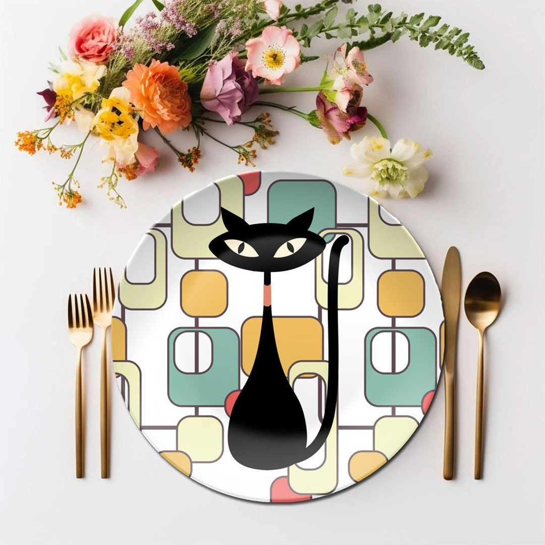 Atomic Cat Dinner Plate With Starbursts, Retro Atomic Cat Dinnerware, MCM Kitchen Gifts - Etsy