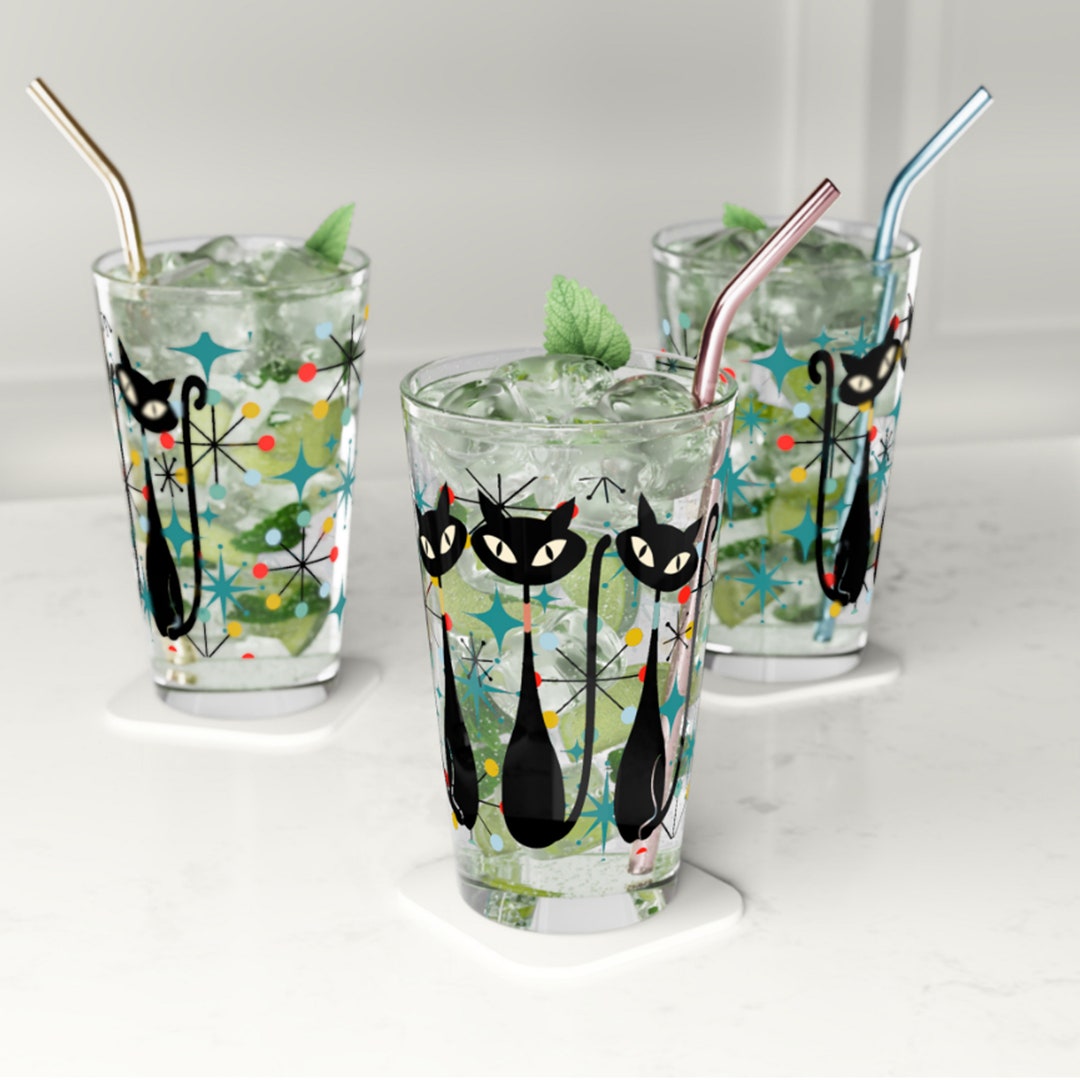 Atomic Kitschy Black Cat Pint Glass, 16oz Mid Century Modern Retro Beer ...
