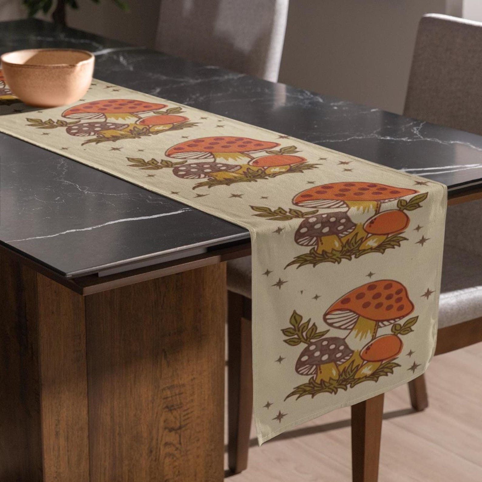 Merry Mushroom Table Runner Fall Cottagecore Decor Retro Table Linen Thanksgiving Dining Room ...