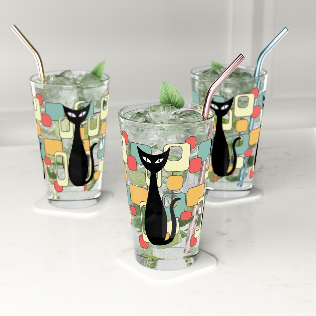 Atomic Kitschy Black Cat Pint Glass, 16oz Mid Century Modern Retro Beer ...