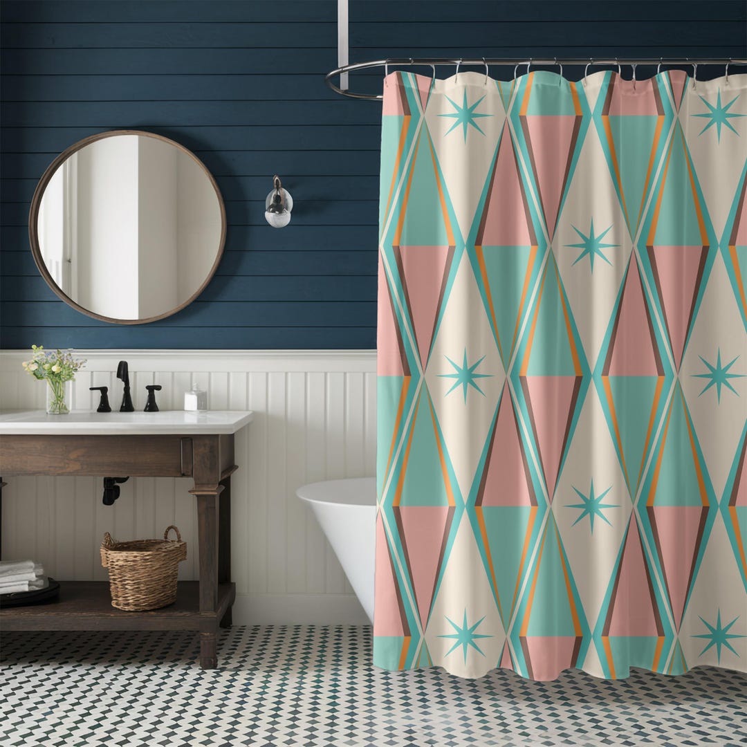 Mid Century Modern Retro Geometric Shower Curtain Vintage 50s MCM Green ...