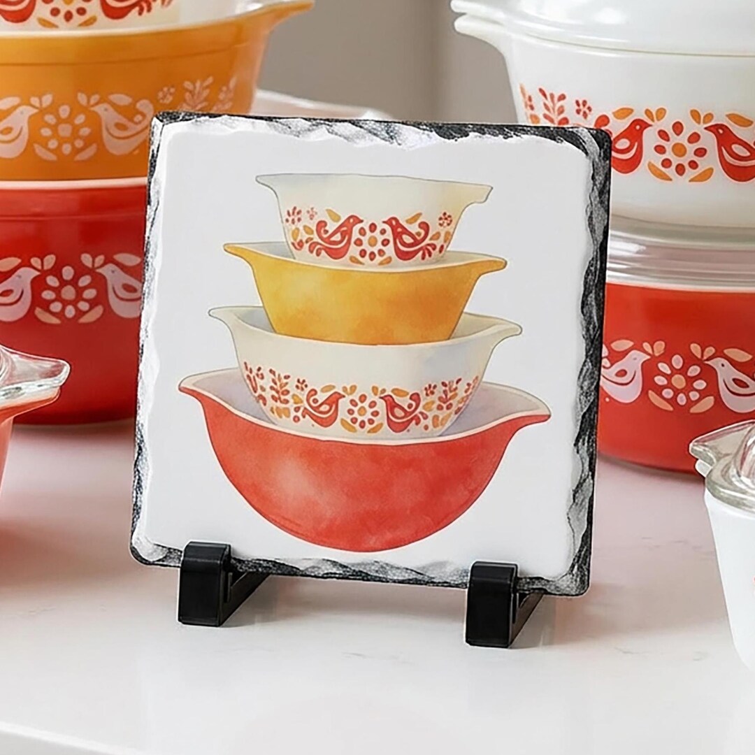 Pyrex Friendship Slate Tile – Vintage Red Bird Mixing Bowl Stack Art ...