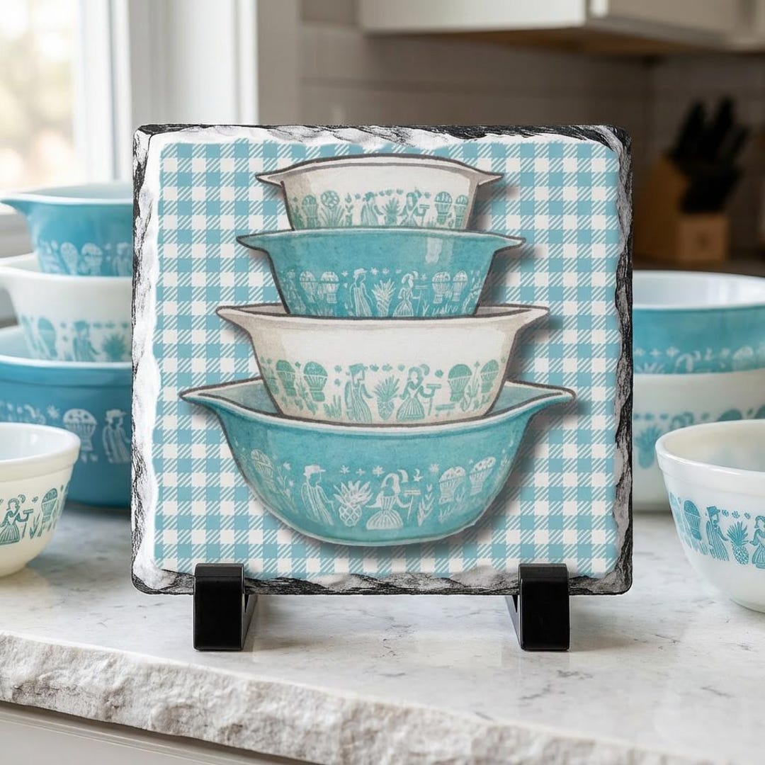 Pyrex Amish Butterprint Slate Tile – Turquoise Vintage Bowl Stack Art ...