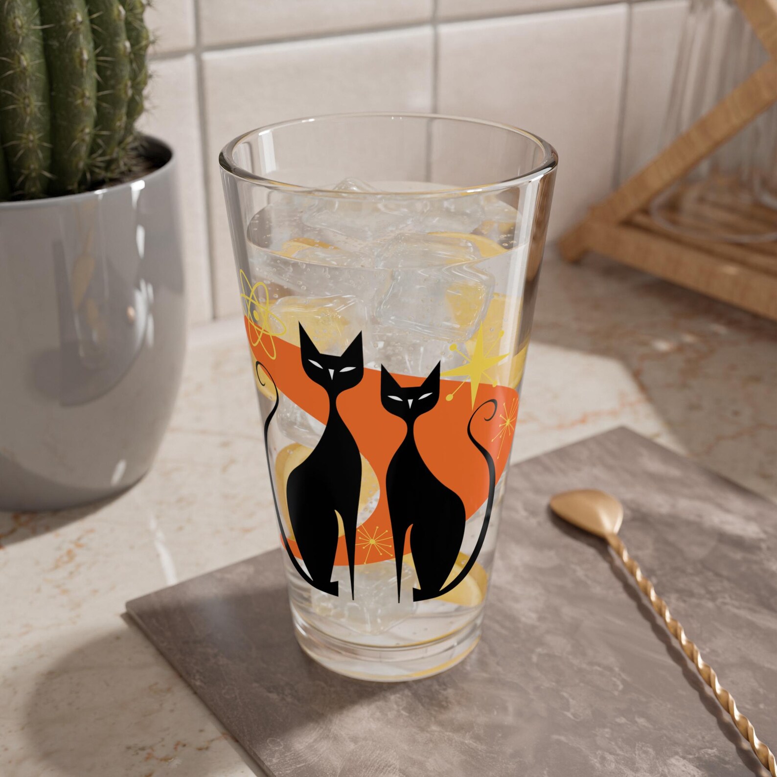 Atomic Cat Glasses Kitschy Black Cat Pint Glass 16oz Mid Century Modern ...