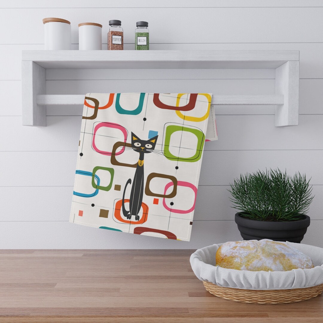Atomic Cat Tea Towel, Atomic Cat Kitchen Towel, Retro Atomic Home Gift, Atomic Cat Kitsch ...