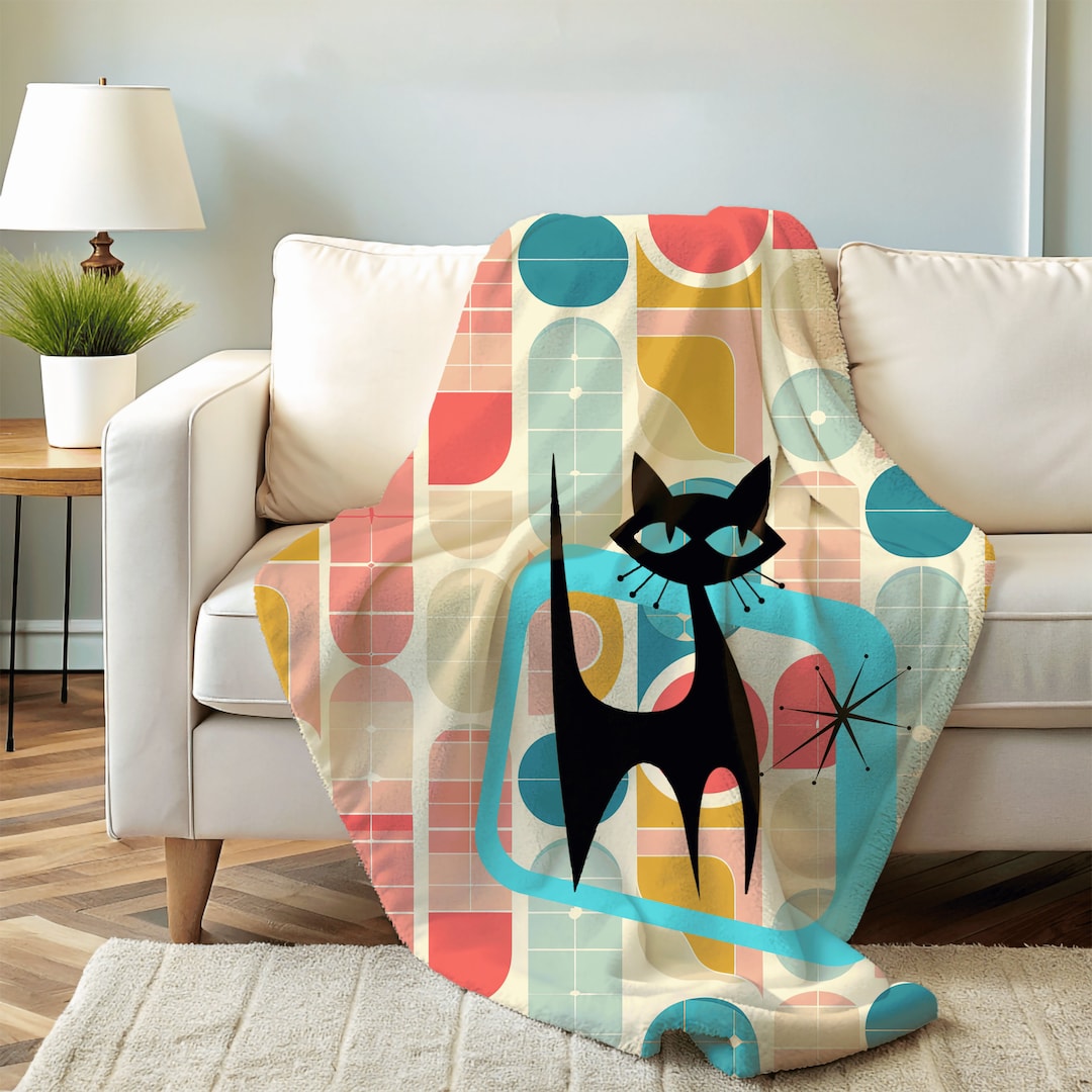 Atomic Cat Blanket, Retro Atomic Kitschy Cat Throw Blanket, MCM Living ...