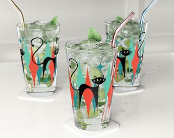 Atomic Cat Drinking Glasses Mid Century Modern Pint Glass MCM Cat Decor ...