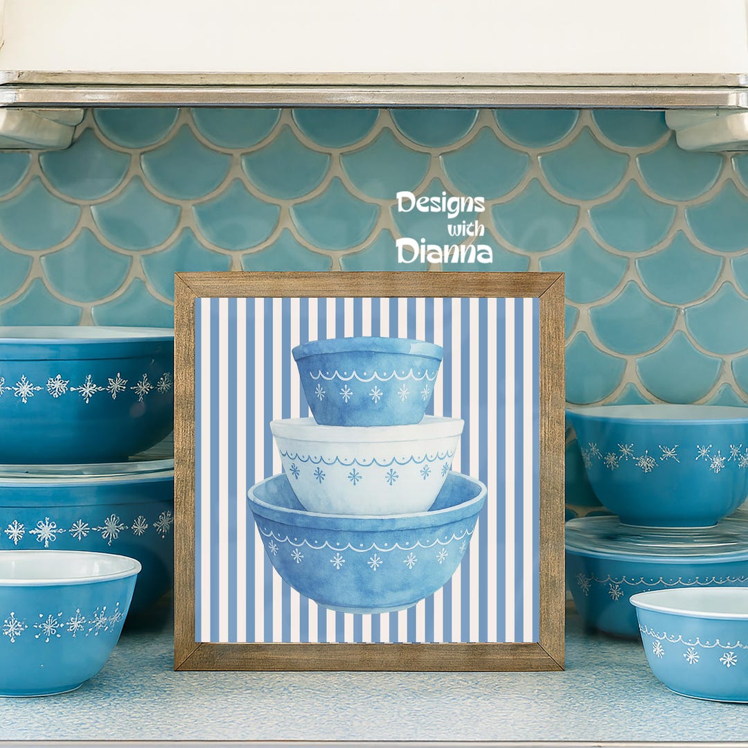 Pyrex Snowflake Blue Kitchen Wall Art Framed Vintage Print Retro ...