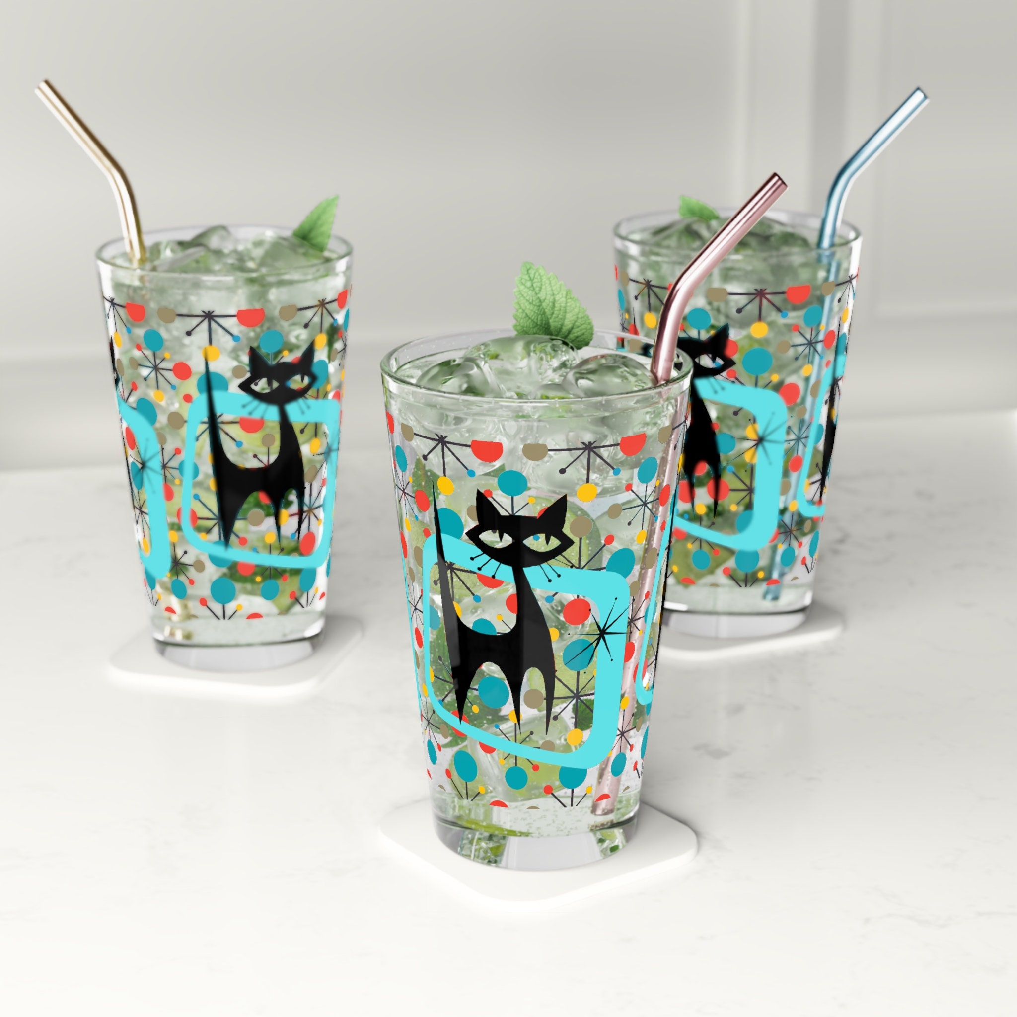 Atomic Cat Beer Glasses | Atomic Cat Drinkware | Mid Century Modern Art ...