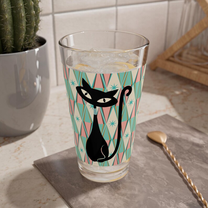 Atomic Cat Glasses Black Cat Mid Century Modern Pint Glass MCM Cat ...