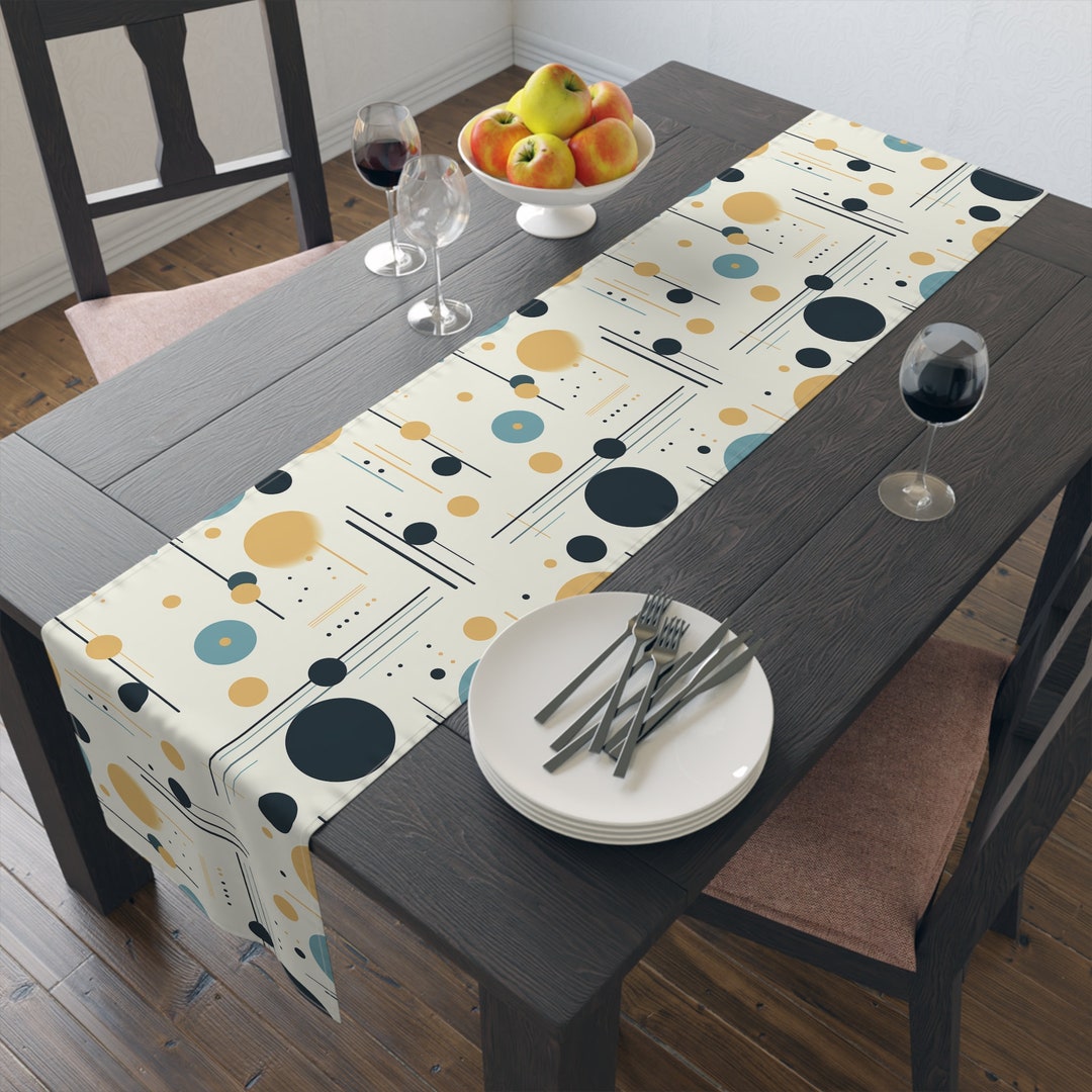 Mid Century Modern Abstract Table Runner in Yellow, Teal, Cream, and ...