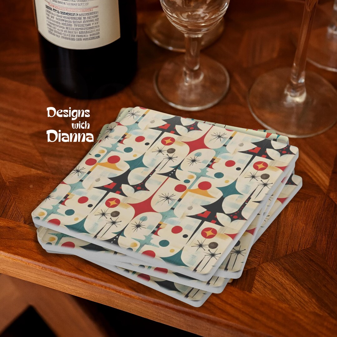 Mid Century Modern Set of 4 Glass Coasters Atomic Starburst Square ...