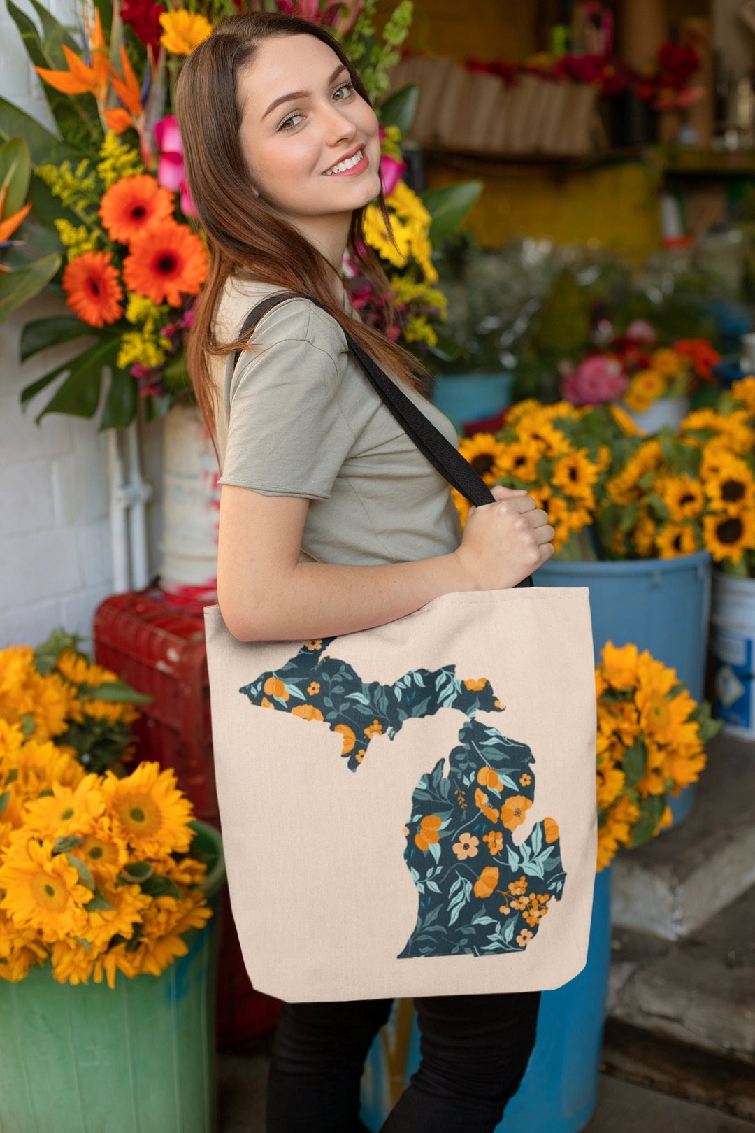 Michigan Floral Tote Bag Pure Michigan Gift Great Lakes - Etsy