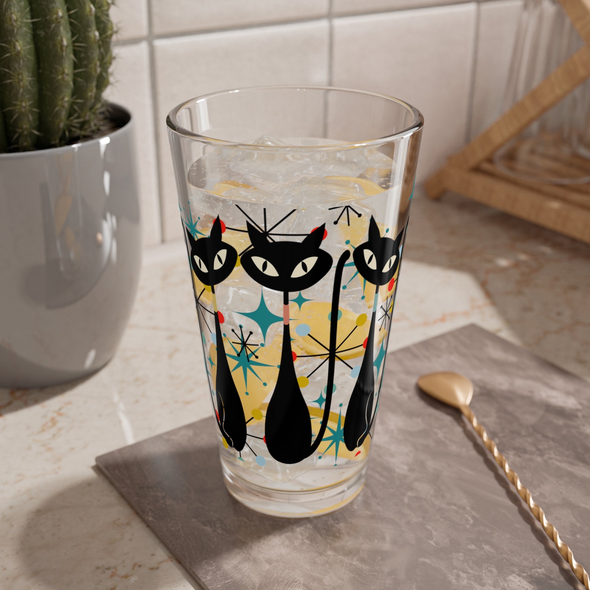 Atomic Kitschy Black Cat Pint Glass, 16oz Mid Century Modern Retro Beer ...