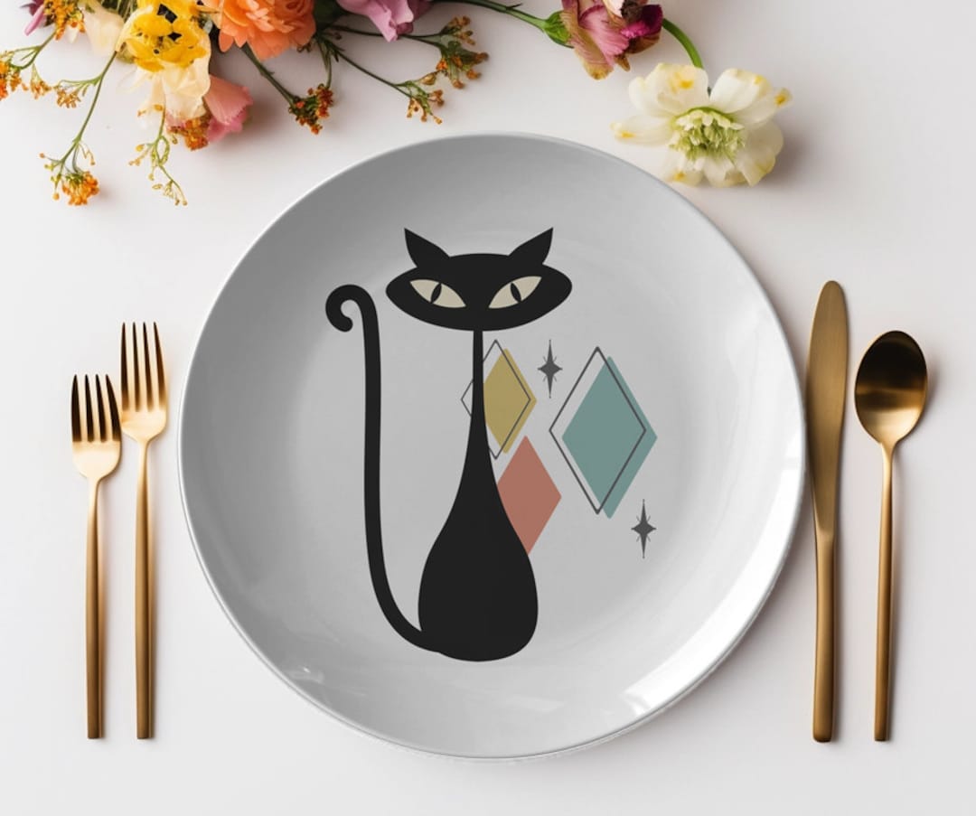 Atomic Cat Dinner Plate With Starbursts, Retro Atomic Cat Dinnerware - Etsy