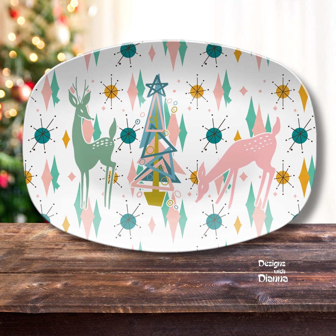 Retro Christmas Reindeer Platter Pink Holiday Serving Tray Cute ...