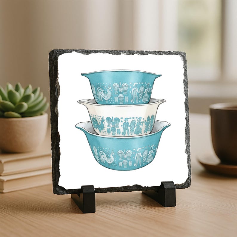 Pyrex Amish Butterprint Slate Tile – Turquoise Vintage Bowl Stack Art ...