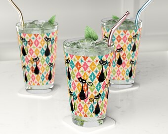 Atomic Cat Drinking Glasses Mid Century Modern Pint Glass MCM Cat Decor ...