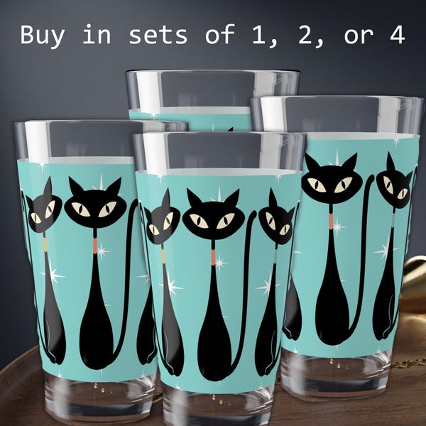 Atomic Cat Drinking Glasses Mid Century Modern Pint Glass MCM Cat Decor ...