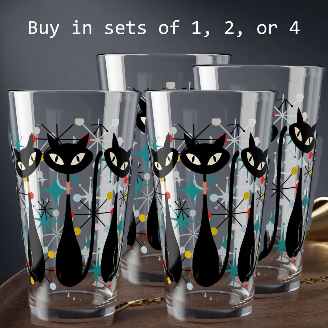 Atomic Kitschy Black Cat Pint Glass, 16oz Mid Century Modern Retro Beer ...