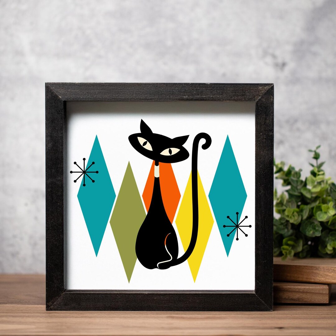 Atomic Cat Art Mid Century Modern Decor Unique Cat Lover Gift Retro ...