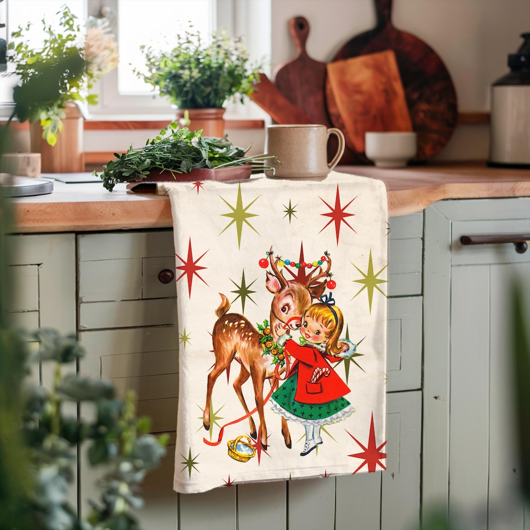 Retro Reindeer Girl Christmas Tea Towel Mid Century Modern Kitchen Chef ...