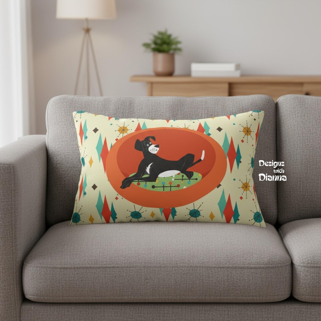Retro Dog Lover Lumbar Pillow Atomic Mid Century Modern Home Decor Gift ...
