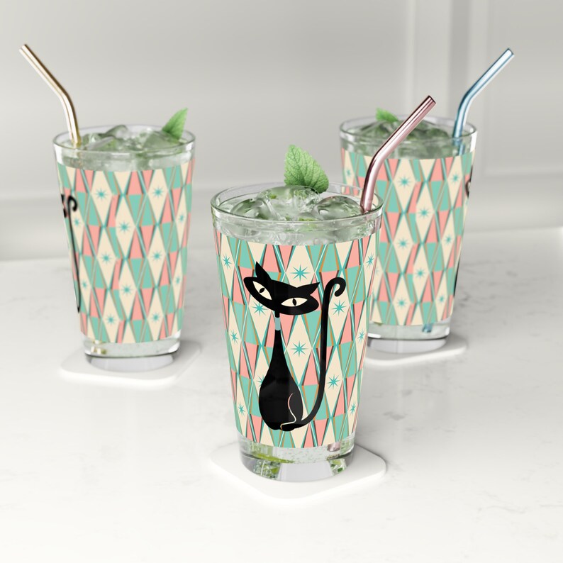 Atomic Cat Glasses Black Cat Mid Century Modern Pint Glass MCM Cat ...