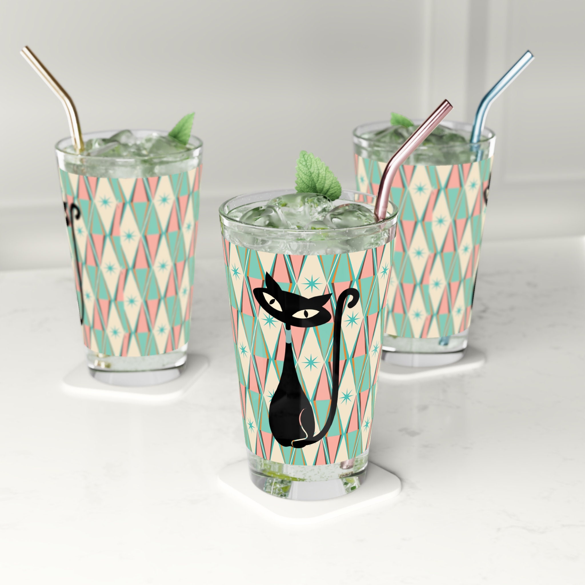Atomic Cat Drinking Glasses Black Cat Mid Century Modern Pint Glass MCM ...