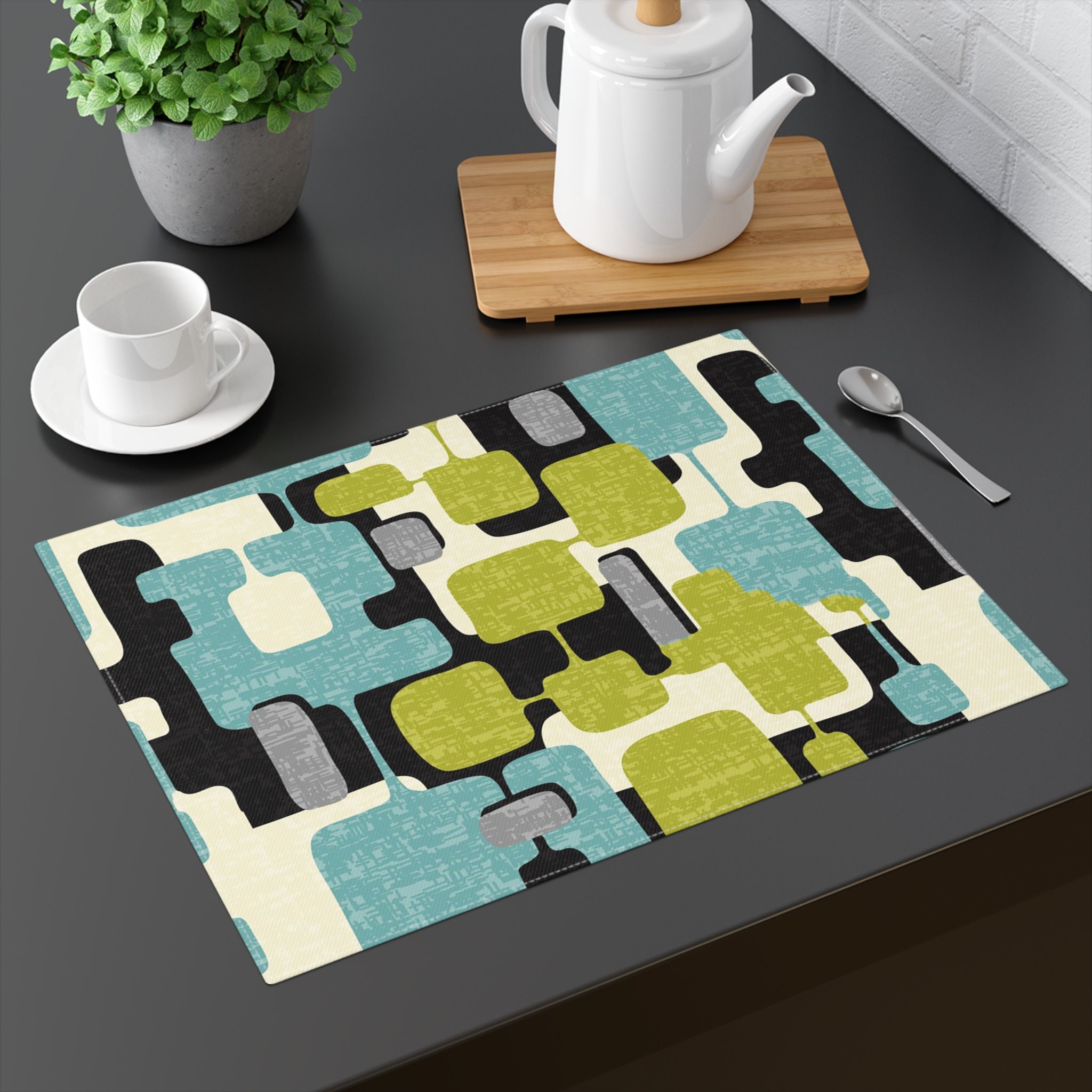 Mid Century Modern Geometric Abstract Placemat, Retro Teal, Lime Green ...