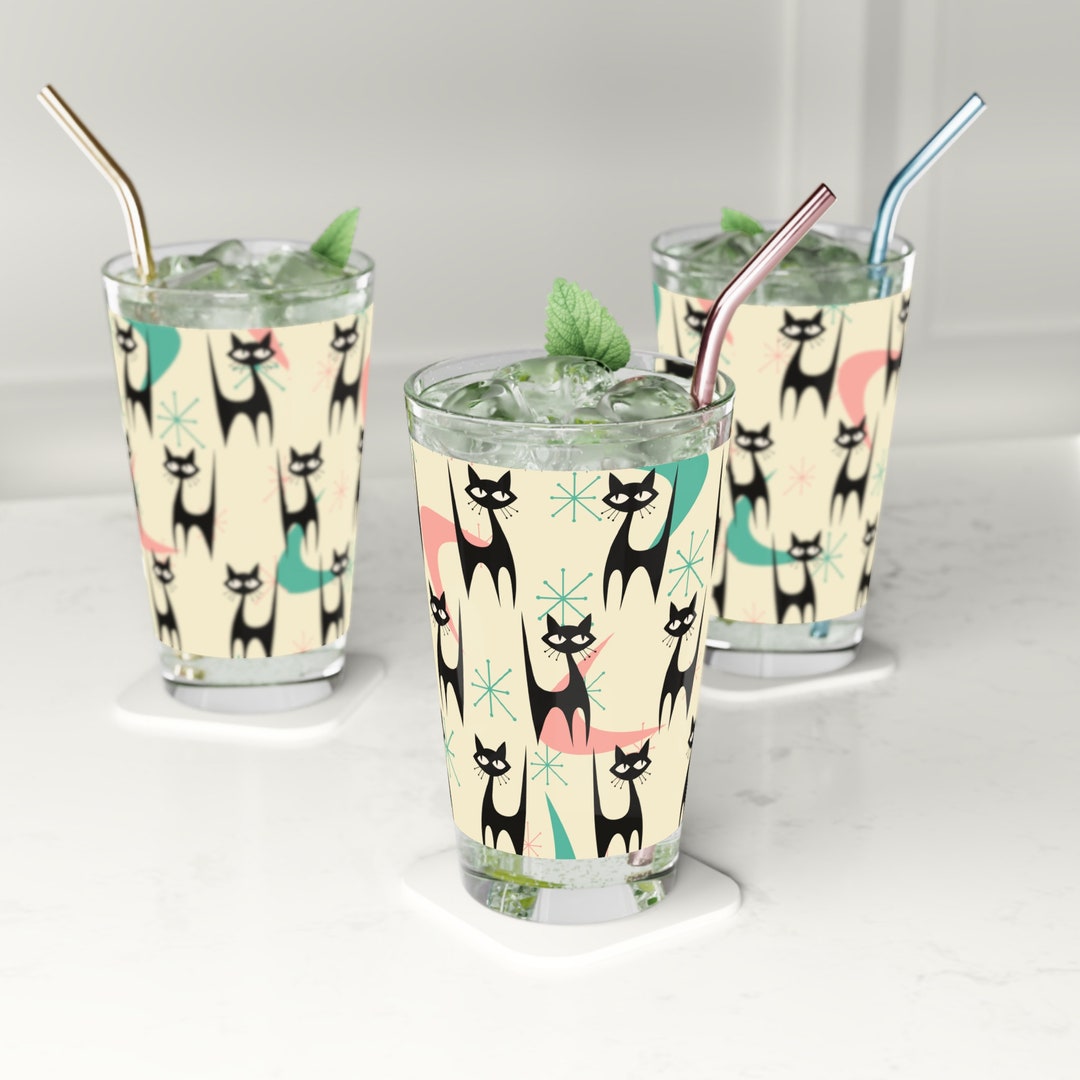 Atomic Cat Drinking Glasses, Mid Century Modern Pint Glass, MCM Cat ...