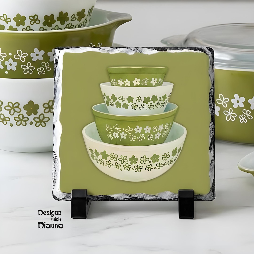 Pyrex Spring Blossom Green Slate Tile – Vintage Mixing Bowl Stack Art ...