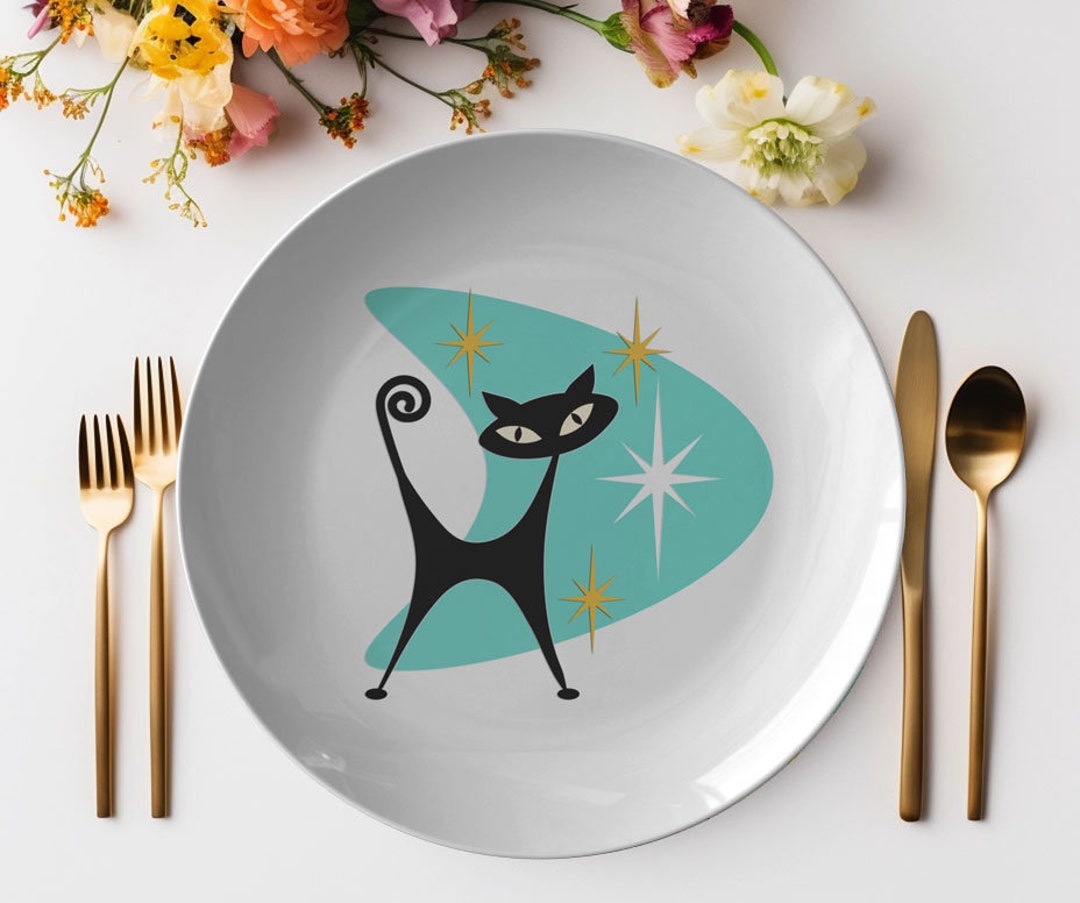 Atomic Cat Dinner Plate With Starbursts, Retro Atomic Cat Dinnerware - Etsy